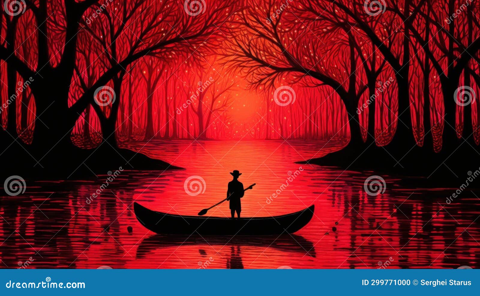 A Man in a Boat on the River with Red Trees, AI Stock Photo - Image of ...