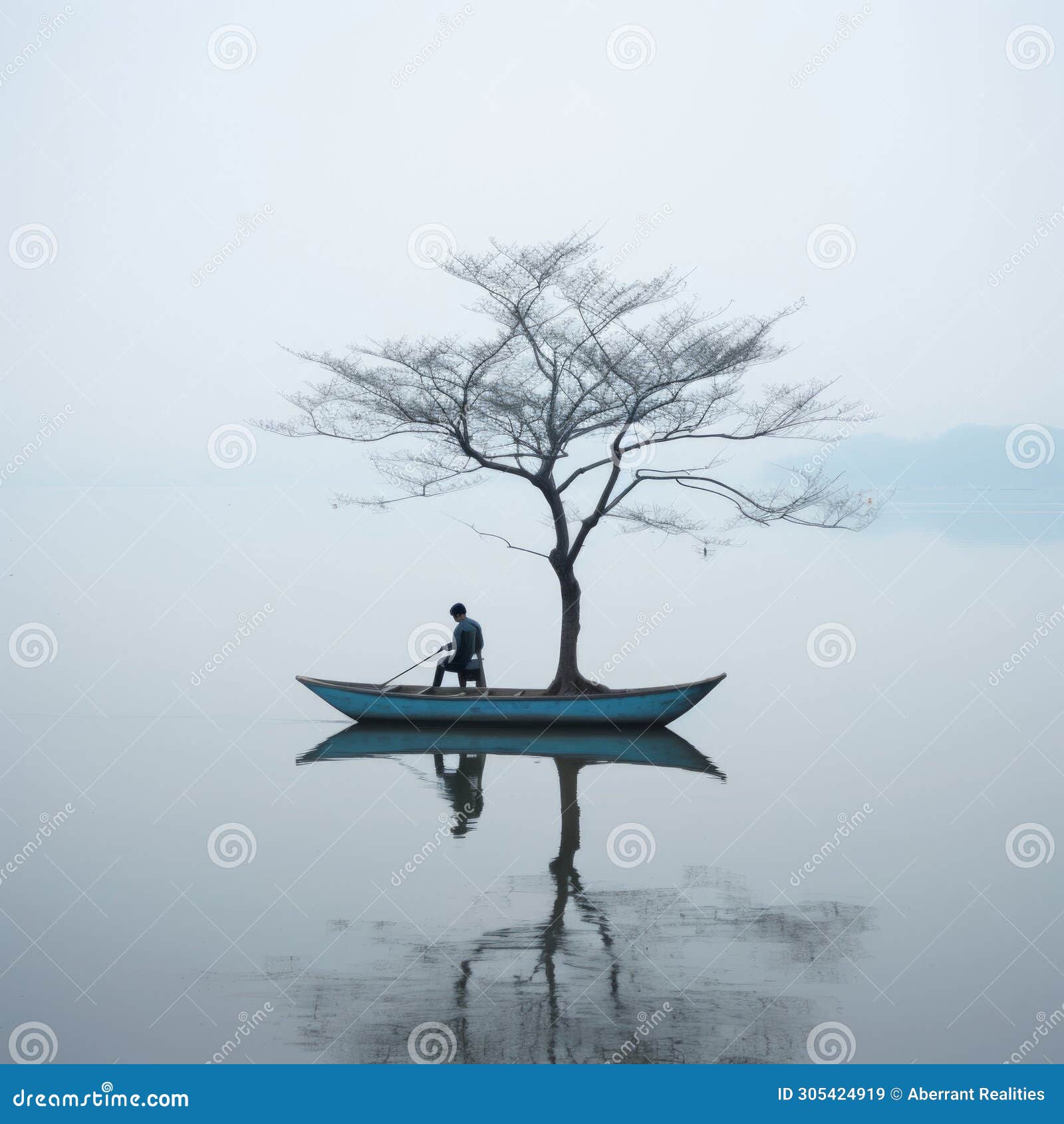 A Man in a Boat with a Tree on the Water Stock Illustration ...