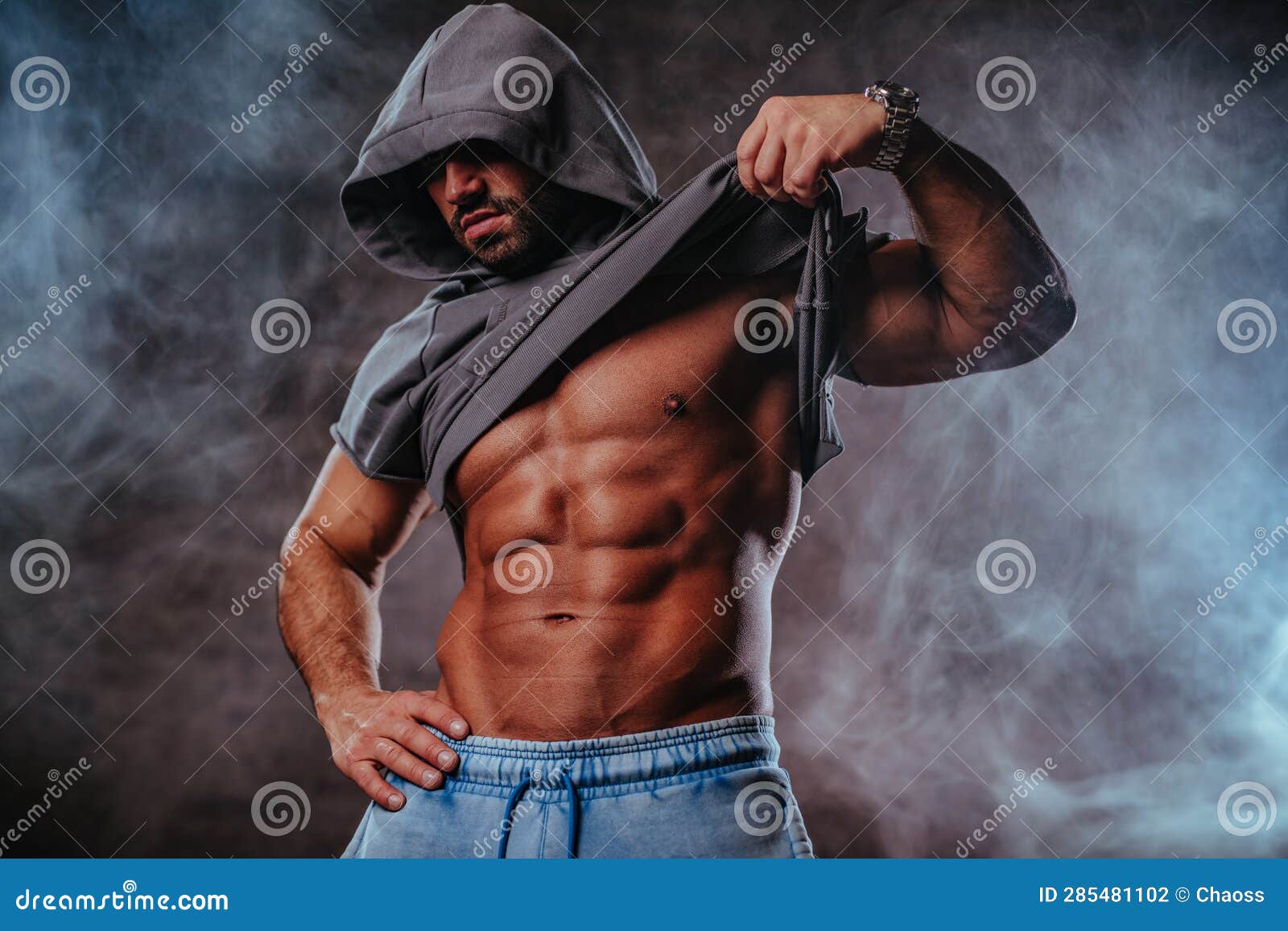 Man Bodybuilder with Hood Portrait Stock Photo - Image of bodybuilding ...