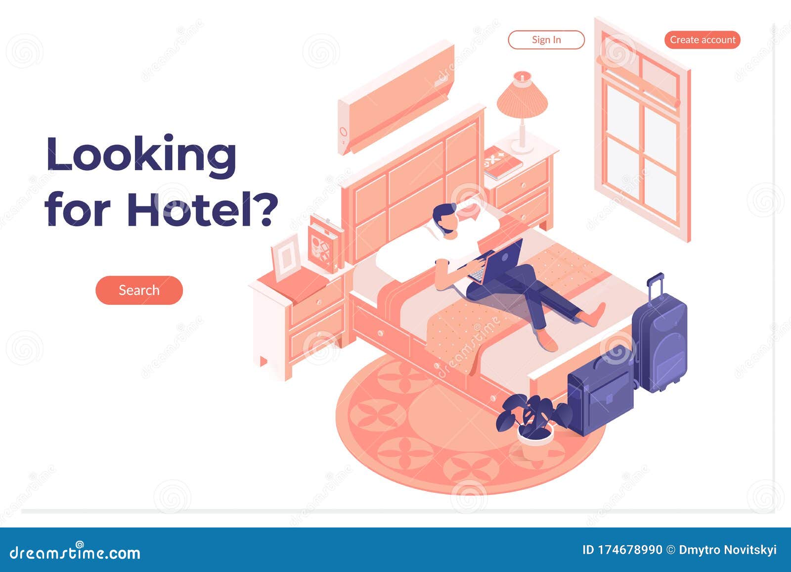 Man Booking Hotel Reservation on Digital Tablet.Vector Isometric Hotel ...