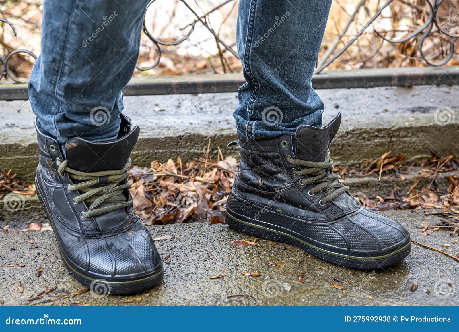 A Man in Boots in Bad Weather, Close-up. Stock Photo - Image of road ...