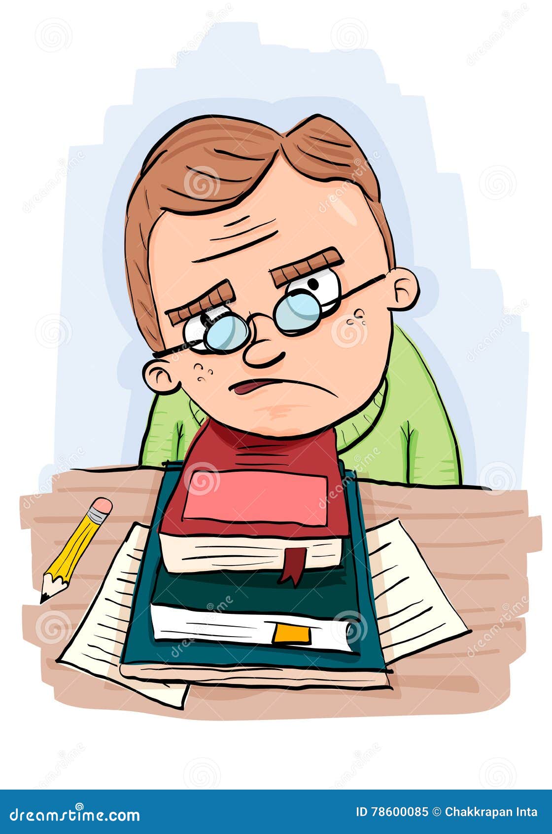 Man with boring book. stock vector. Illustration of desk - 78600085