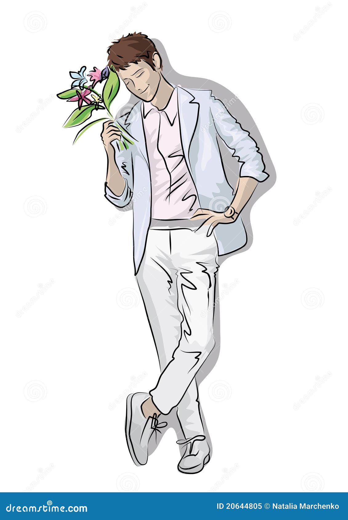 Man with a Bouquet of Flowers Stock Vector - Illustration of background ...