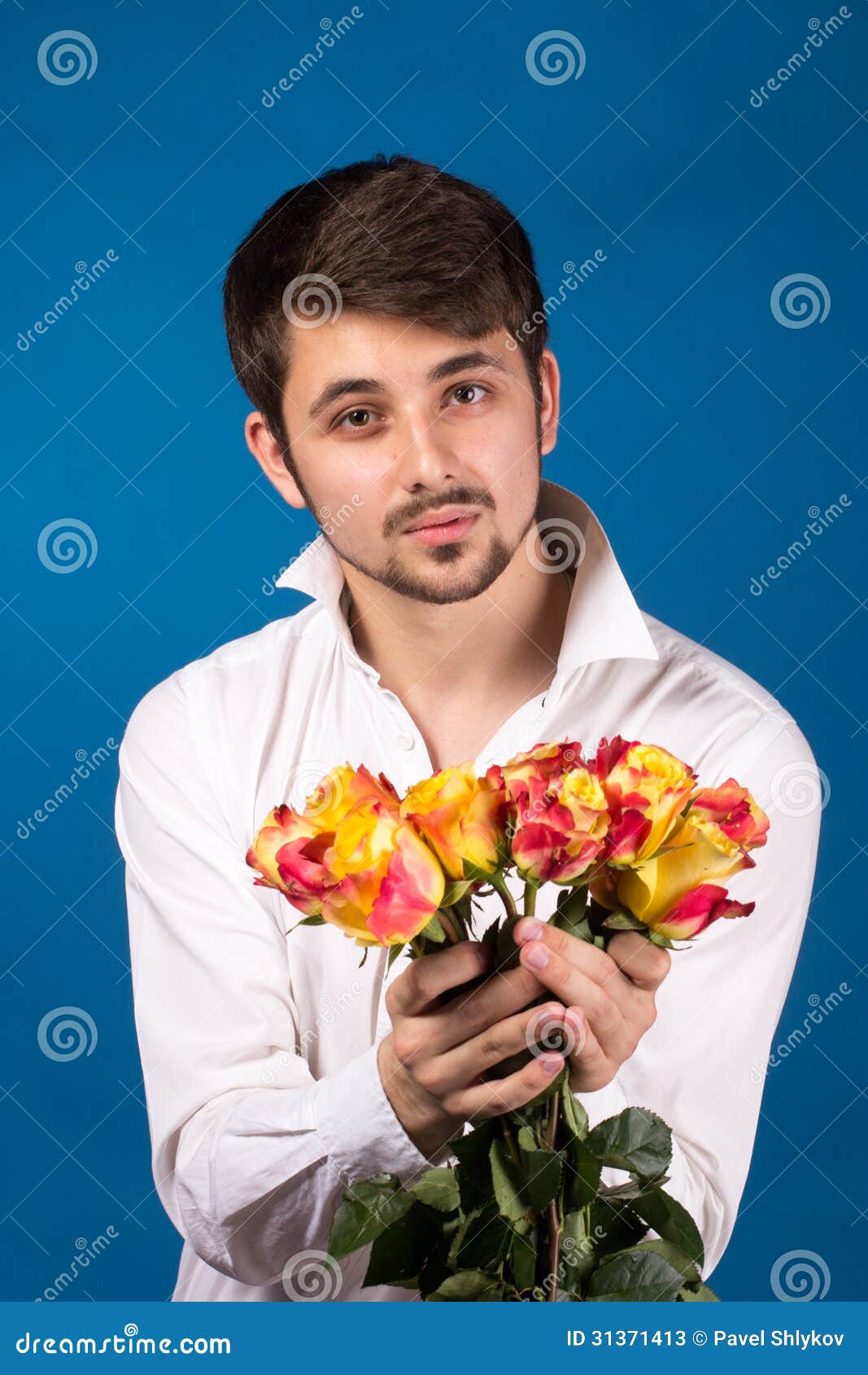 Man with Bouquet of Red Roses Stock Image - Image of multicoloured ...