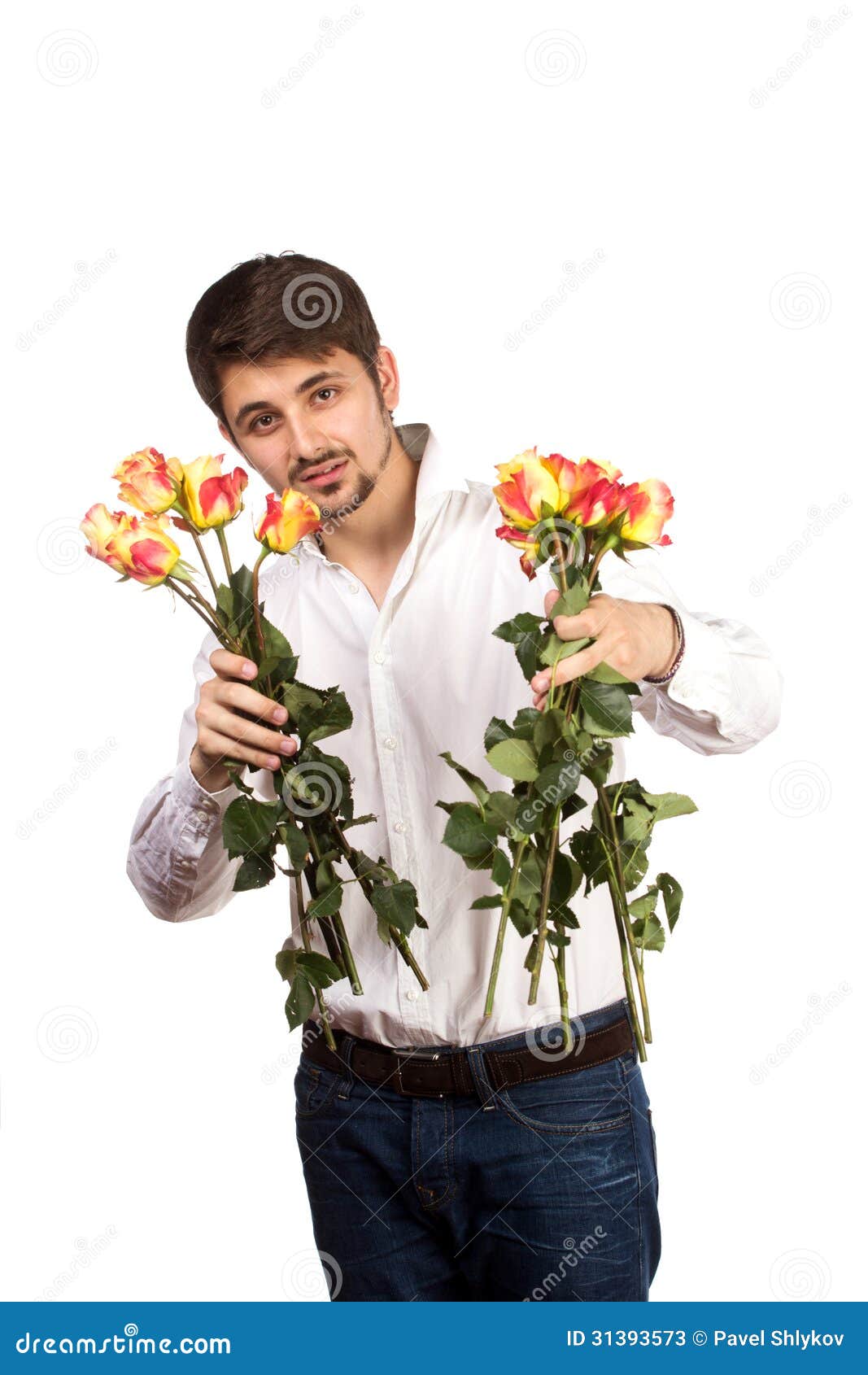 Man with Bouquet of Red Roses. Stock Image - Image of isolated, beauty ...
