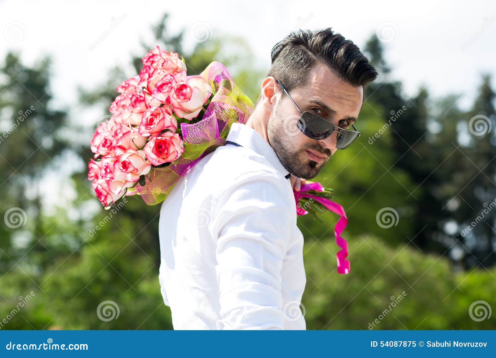 Man with a Bouquet of Roses Stock Image - Image of luxury, beard: 54087875
