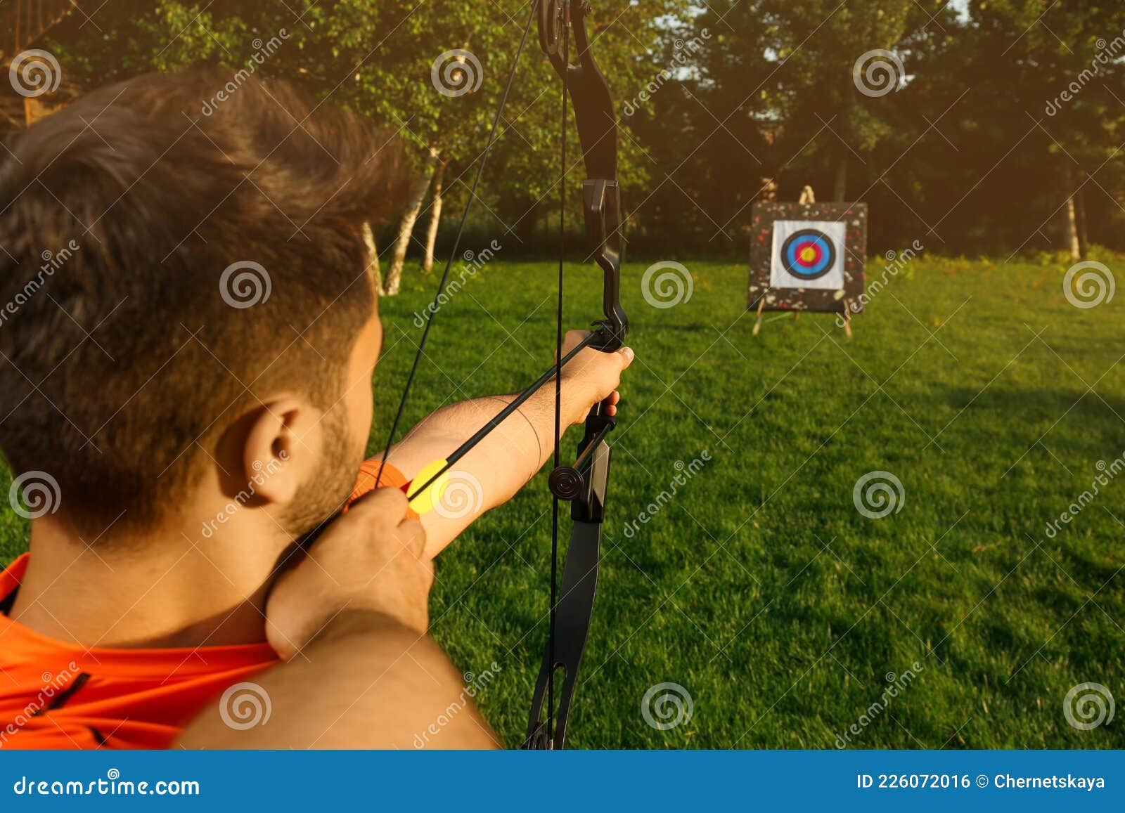 Man with Bow and Arrow Aiming at Archery Target in Park, Back View ...