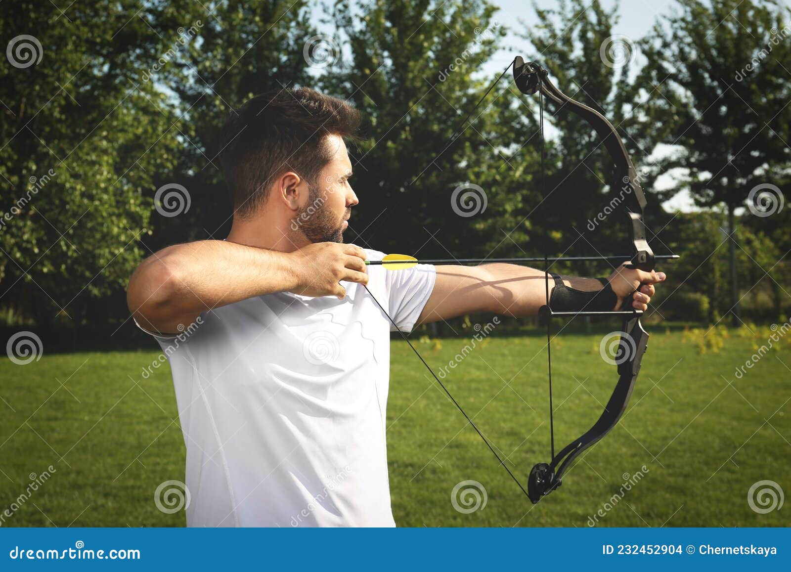 Man with Bow and Arrow Practicing Archery in Park Stock Photo - Image ...