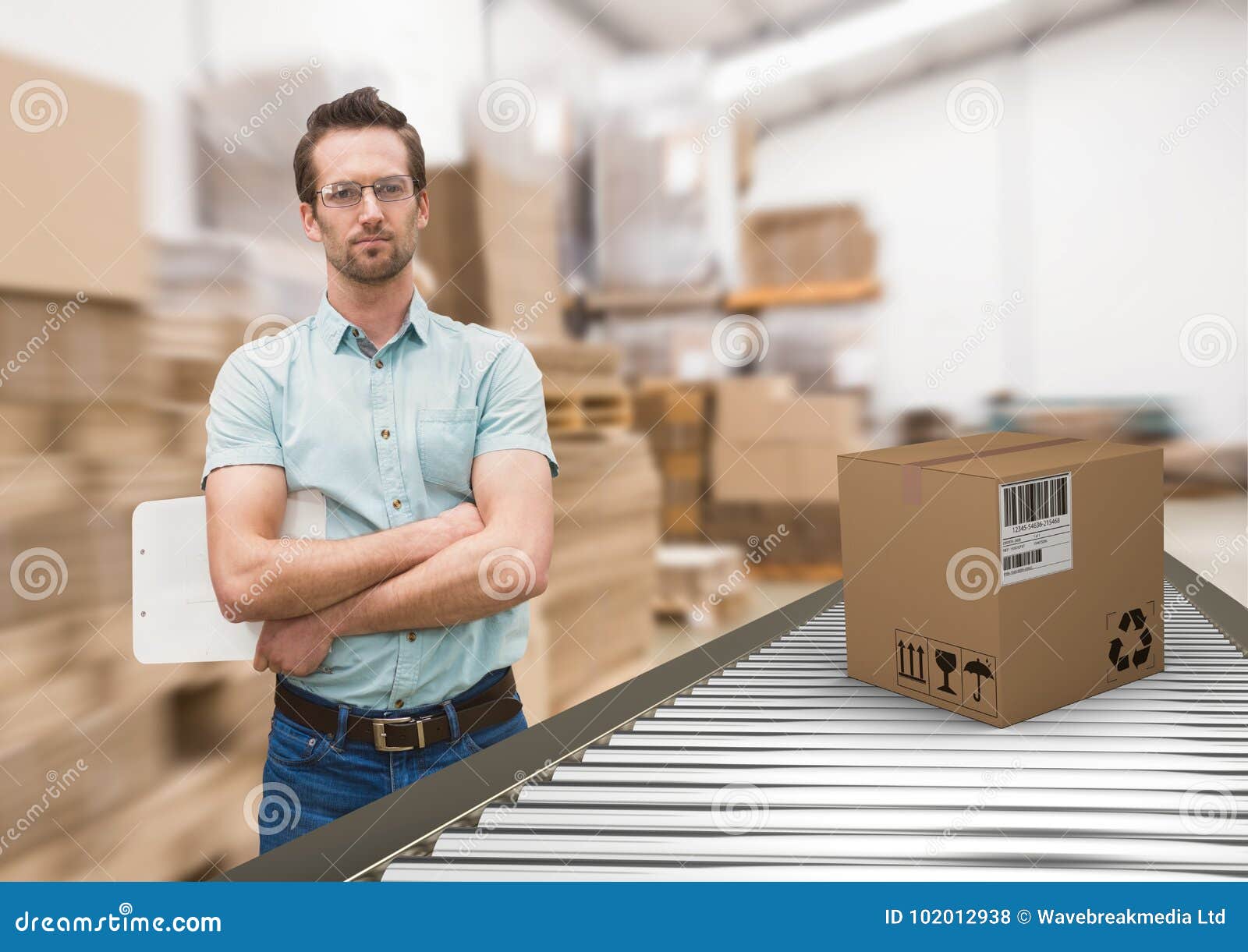 Man with Boxes on Conveyor Belt in Warehouse Stock Photo - Image of ...