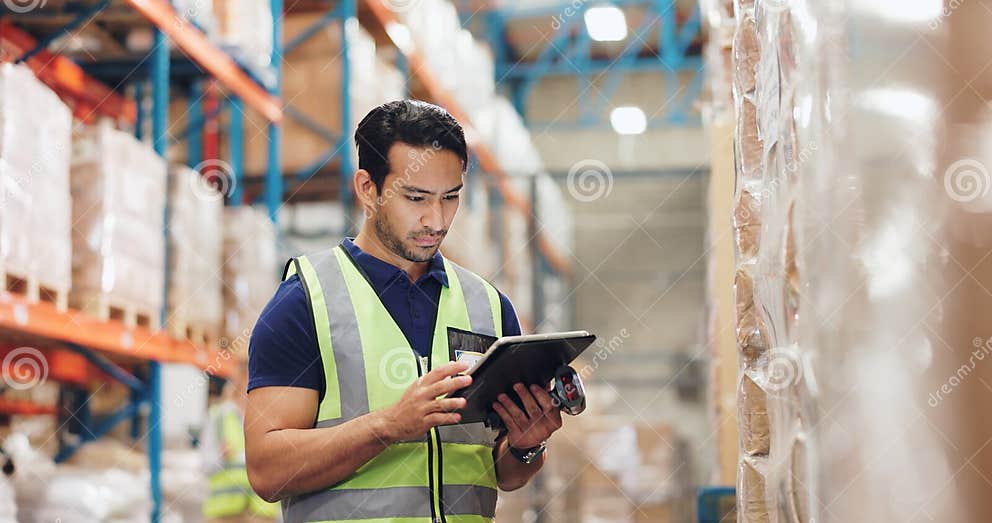 Man, Boxes and Scanner with Tablet in Logistics, E Commerce or ...