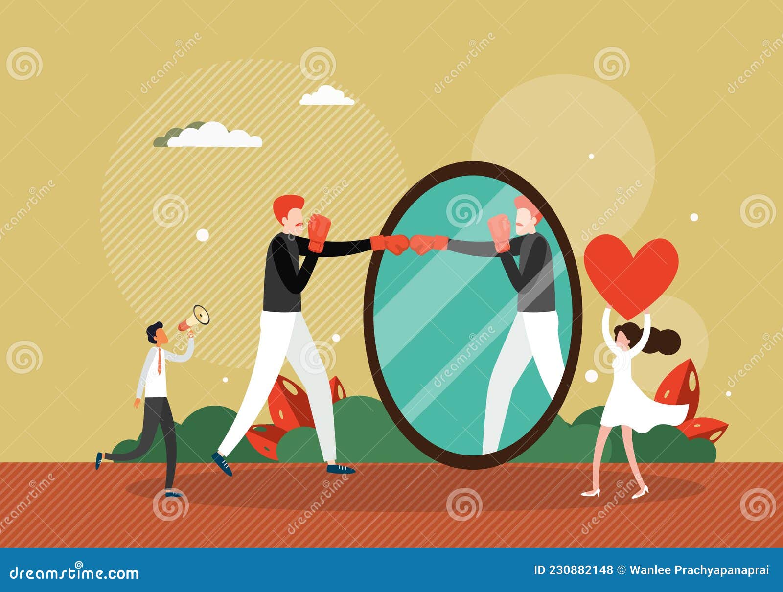 Man Boxing with His Reflection in Mirror, Flat Vector Illustration ...