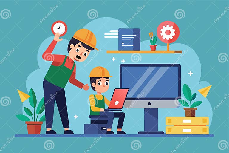 A Man and a Boy are Fixing Computer Errors Together, Workers are Fixing ...