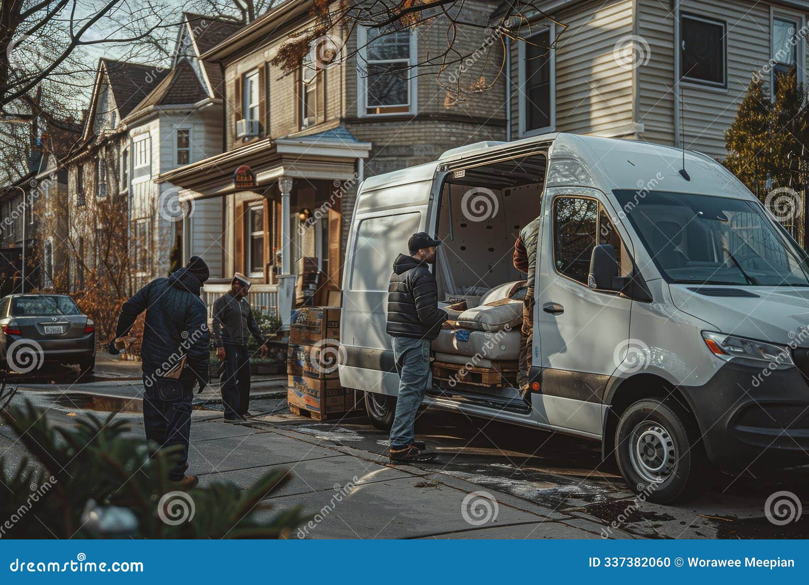 A Man and a Boy are Loading a Couch into a Van Stock Photo - Image of ...
