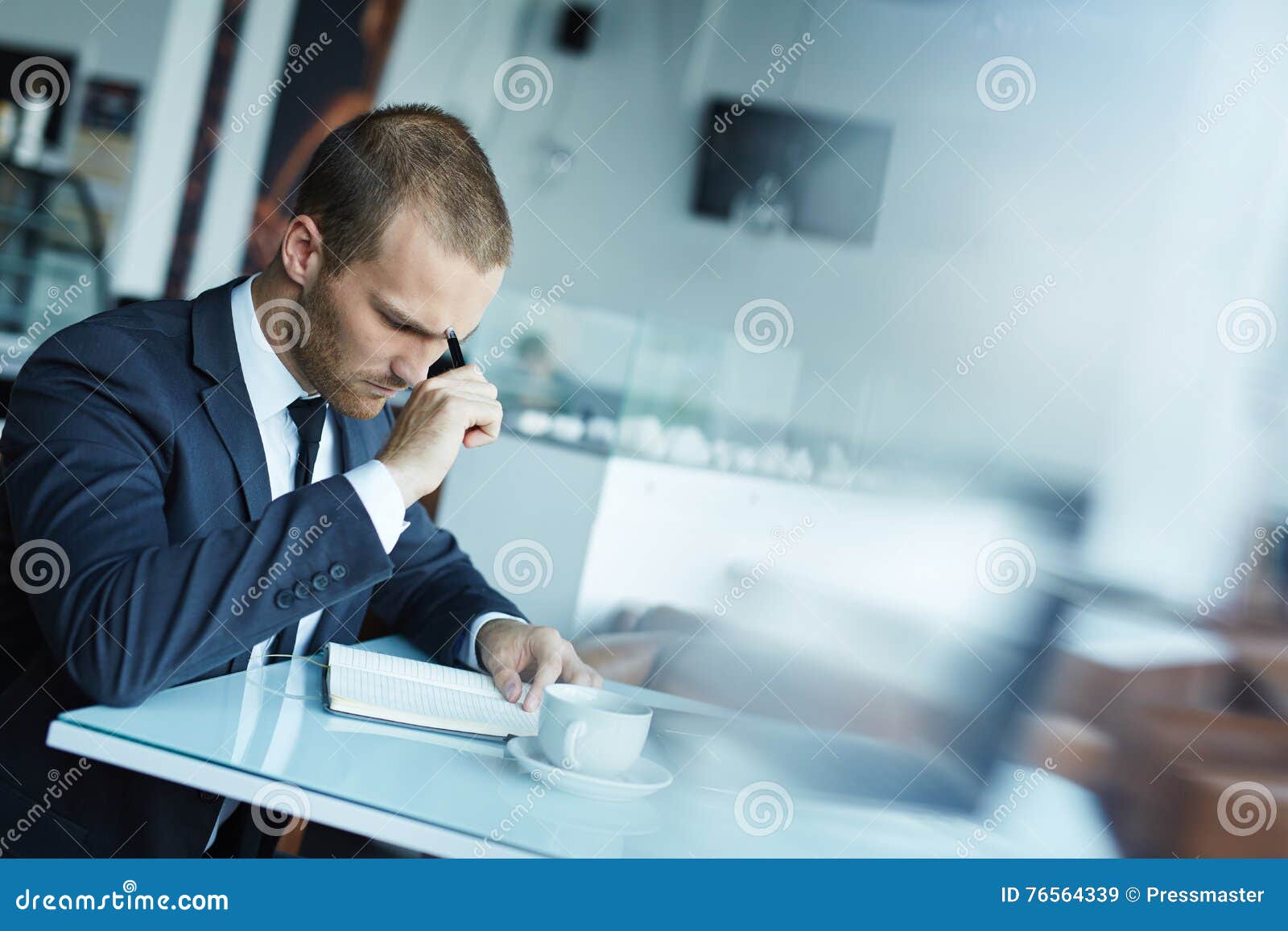 Man brainstorming stock image. Image of pensive, drink - 76564339