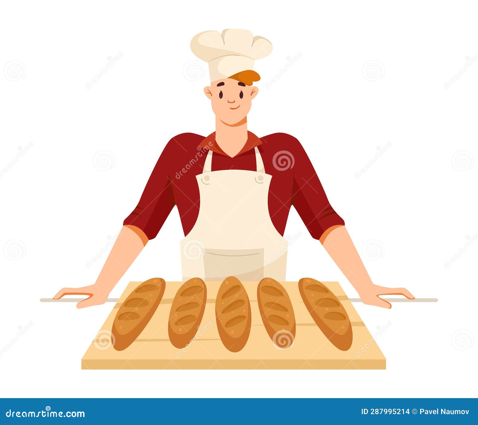 Man Bread Baker in Uniform and Toque Baking Pastry with Loaf Rested on ...