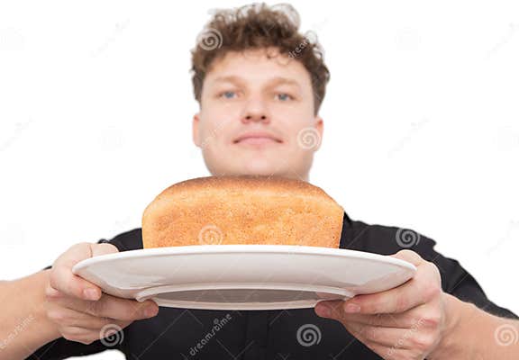 Man with Bread on a White Background Stock Image - Image of hand ...