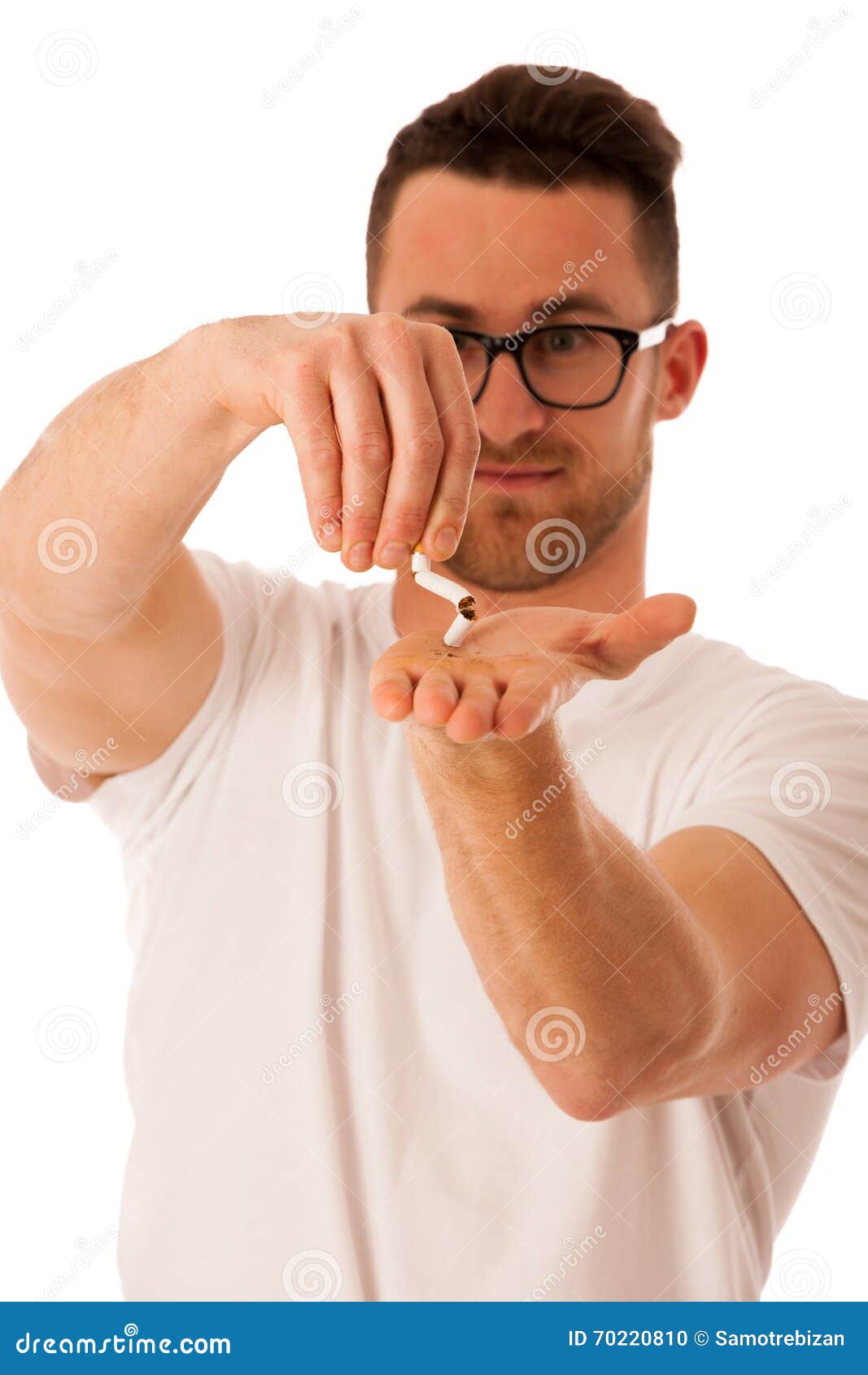 Man Breaking Cigarette As a Gesture of Quitting Smoking. Stock Photo ...