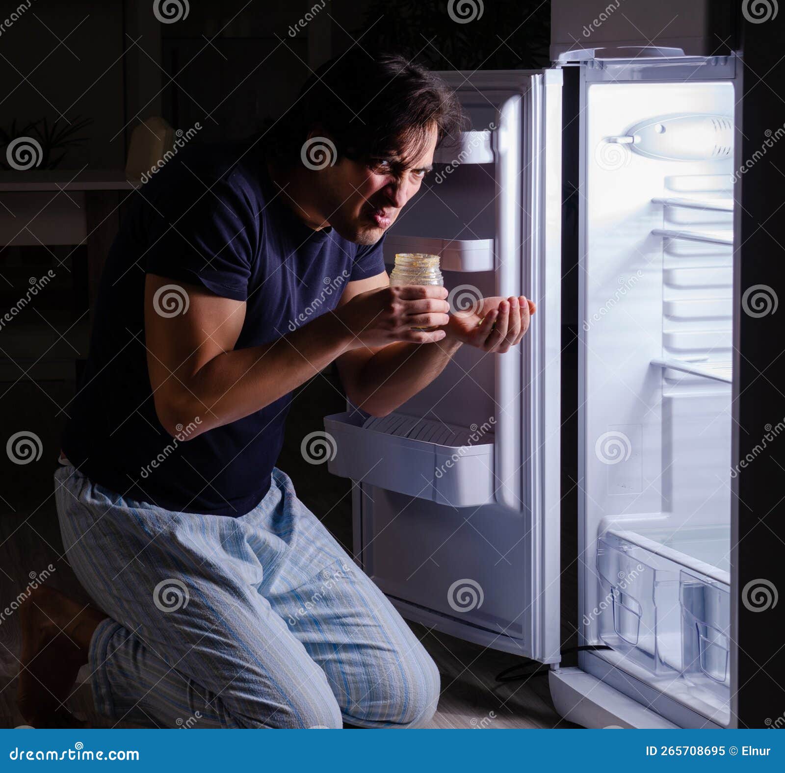 Man Breaking Diet at Night Near Fridge Stock Image - Image of meal ...