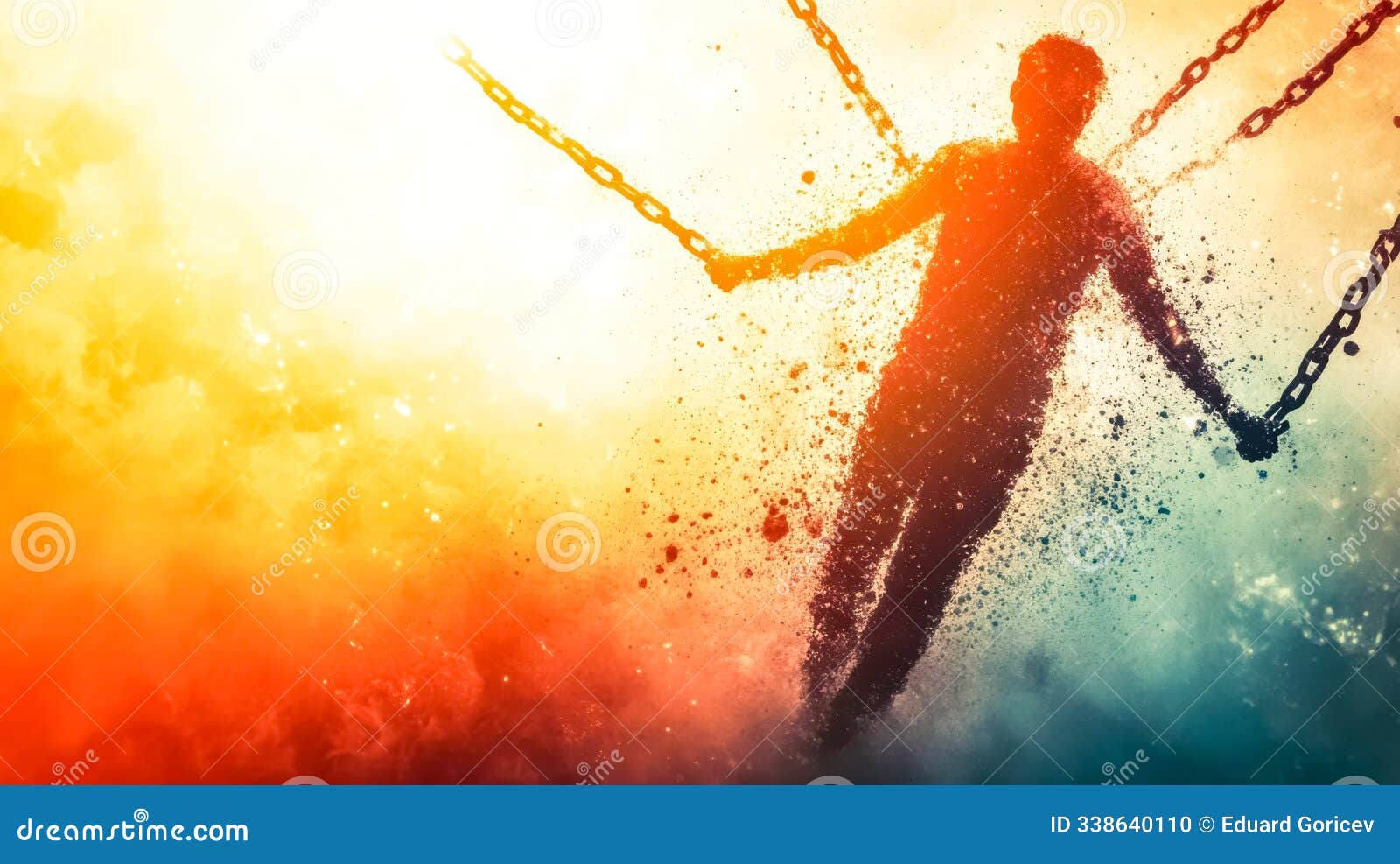 Man Breaking Free from Chains Exploding into Colorful Particles Stock ...
