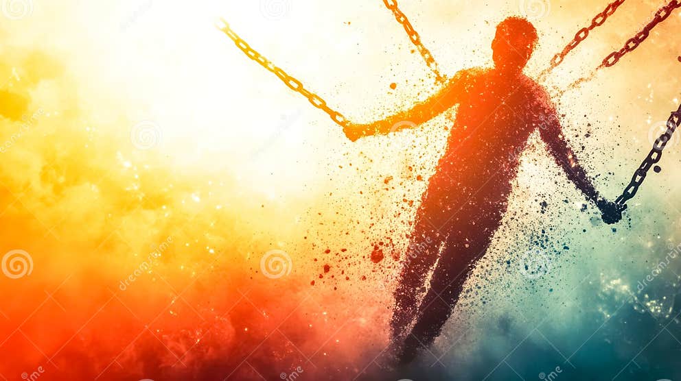 Man Breaking Free from Chains Exploding into Colorful Particles Stock ...