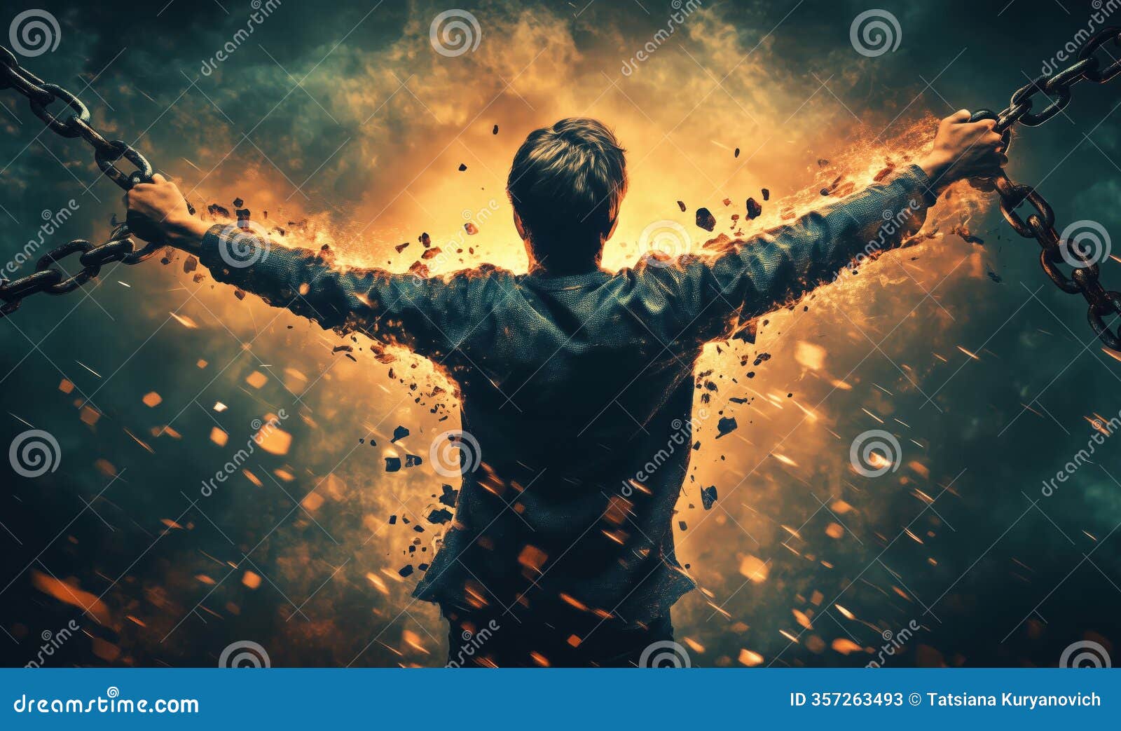 Man Breaking Free from Chains, Surrounded by Explosive Energy and ...