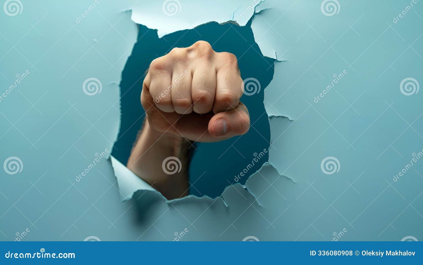 Man Breaking through Light Blue Paper with Fist, Closeup. Space for ...