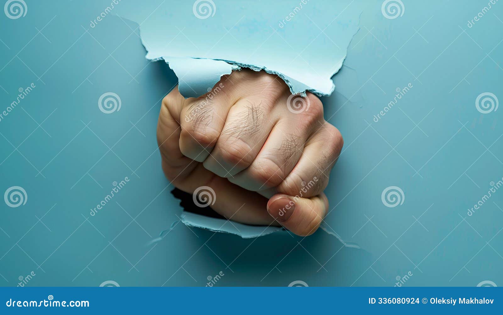 Man Breaking through Light Blue Paper with Fist, Closeup. Space for ...