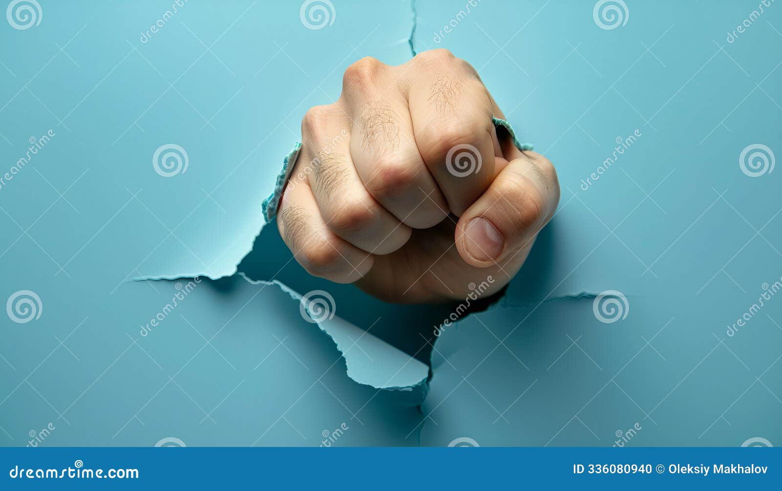 Man Breaking through Light Blue Paper with Fist, Closeup. Space for ...