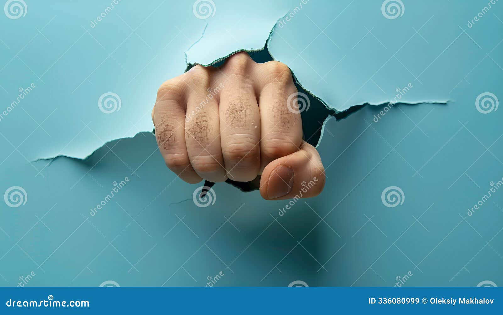 Man Breaking through Light Blue Paper with Fist, Closeup. Space for ...