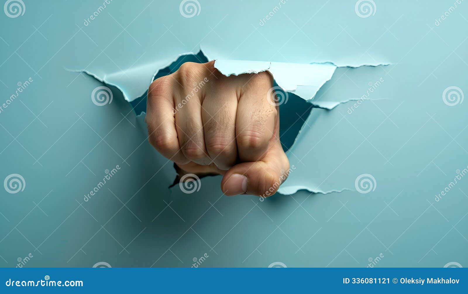 Man Breaking through Light Blue Paper with Fist, Closeup. Space for ...