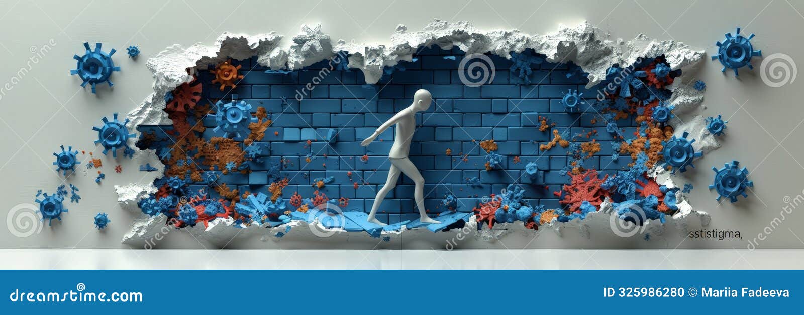 Man Breaking through a Wall Surrounded by Mechanical Gears, Symbolizing ...