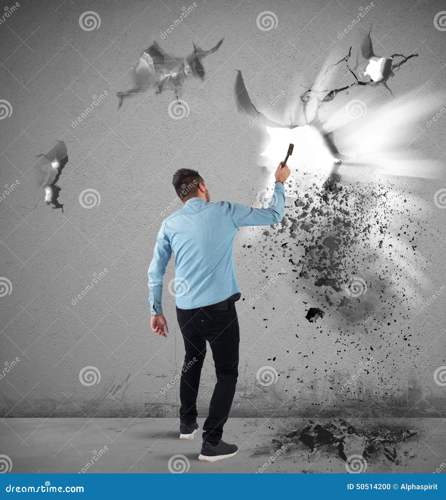 Man breaks a wall stock photo. Image of force, cement - 50514200