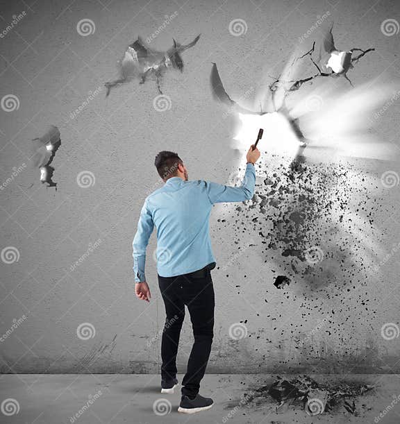 Man breaks a wall stock photo. Image of force, cement - 50514200