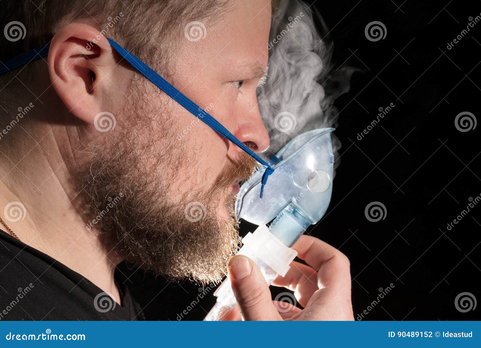 Man Breathing through Nebulizer Mask Stock Photo - Image of aerosol ...