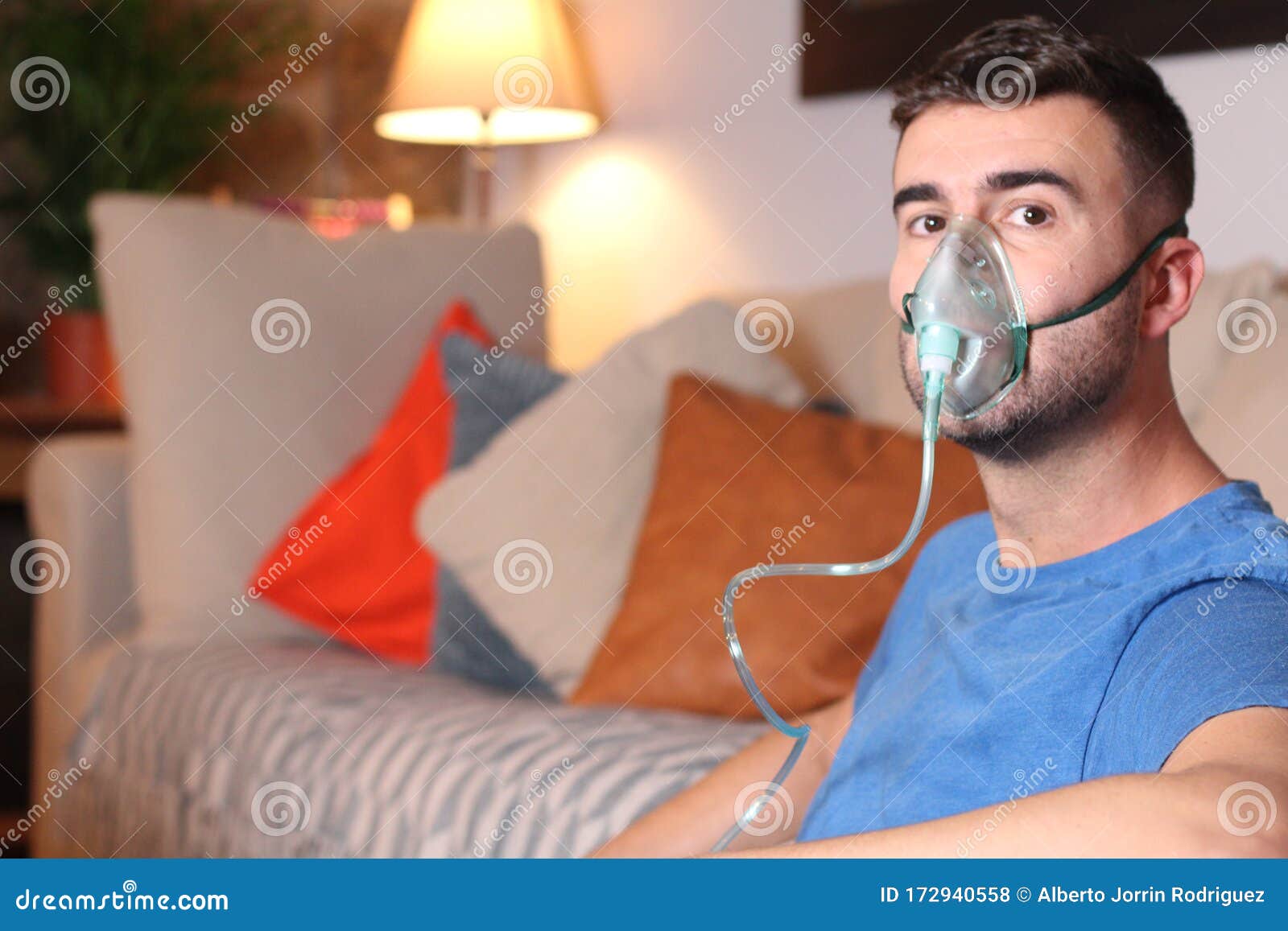 Man with Breathing Problems at Home Stock Photo - Image of medicine ...
