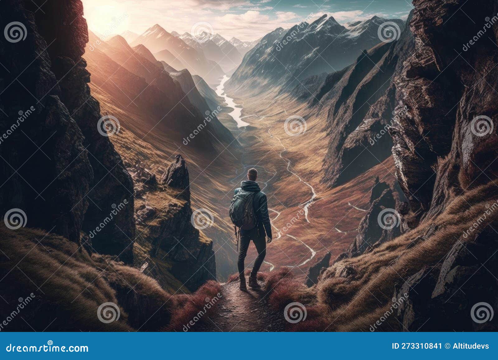 Man, with Breathtaking View of the Valley Below, Ascending Steep and ...