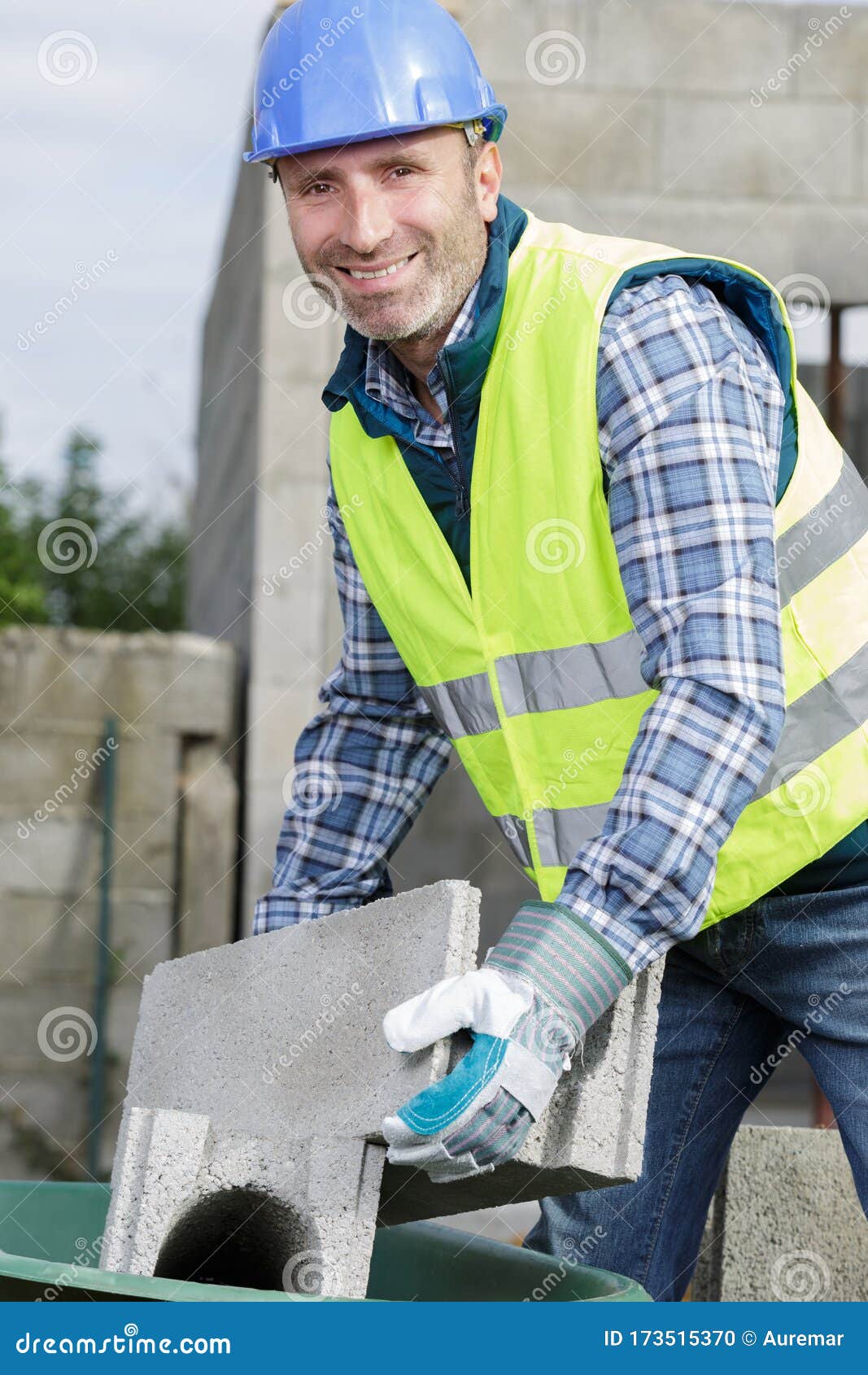 Man Bricklayer Catch Cement Brick Blocks Stock Photo - Image of ...