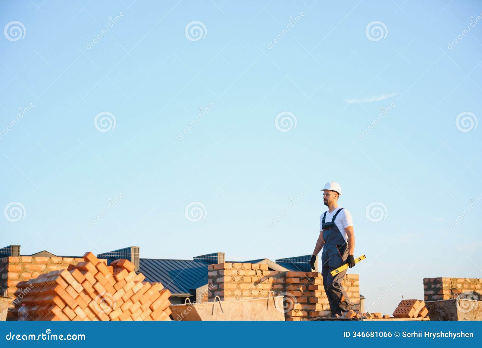 Man Bricklayer Installing Bricks on Construction Site Stock Photo - Image of labor, engineer ...