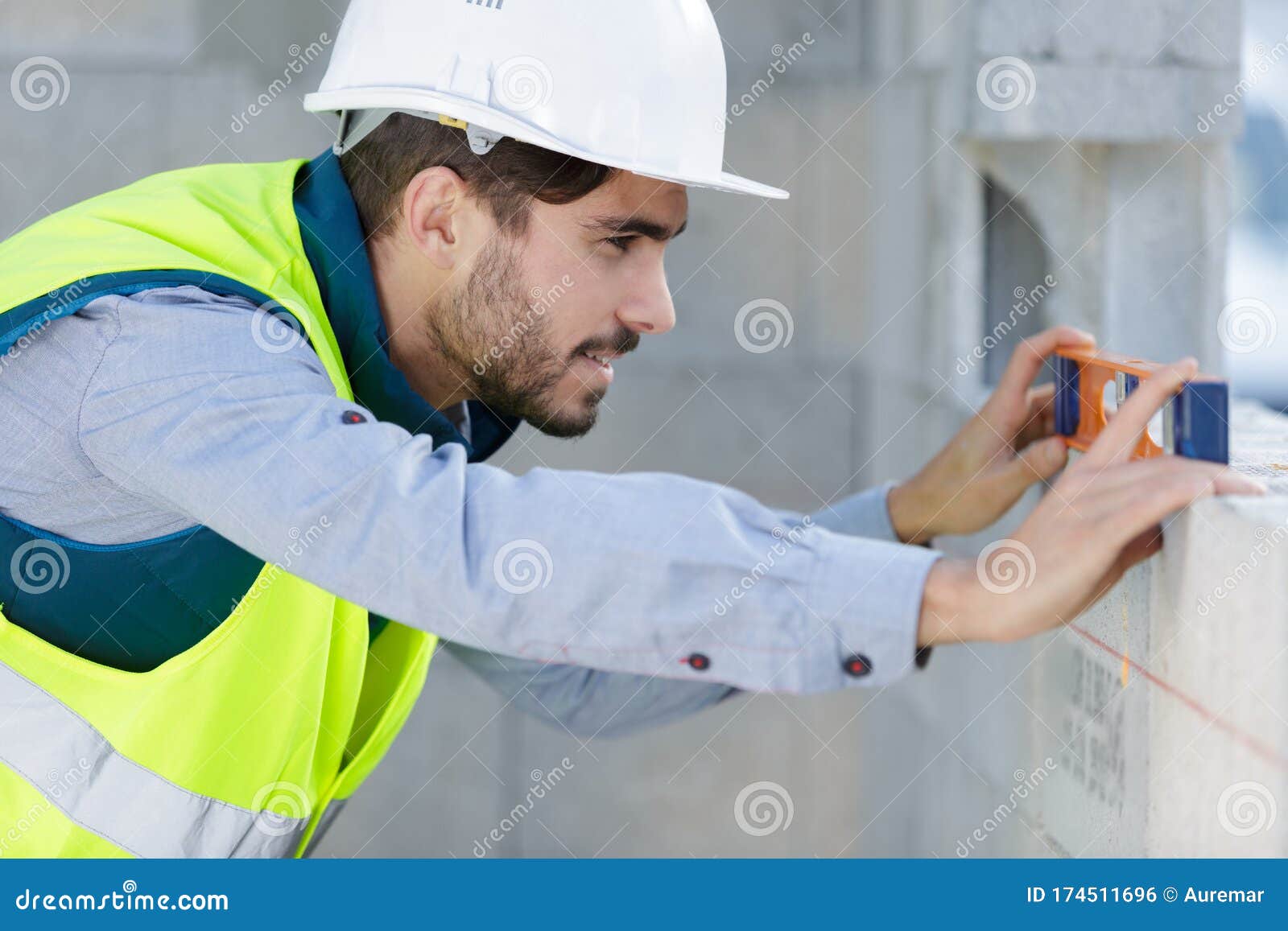 Man Bricklayer Measurement Level Stock Photo - Image of mason, level ...