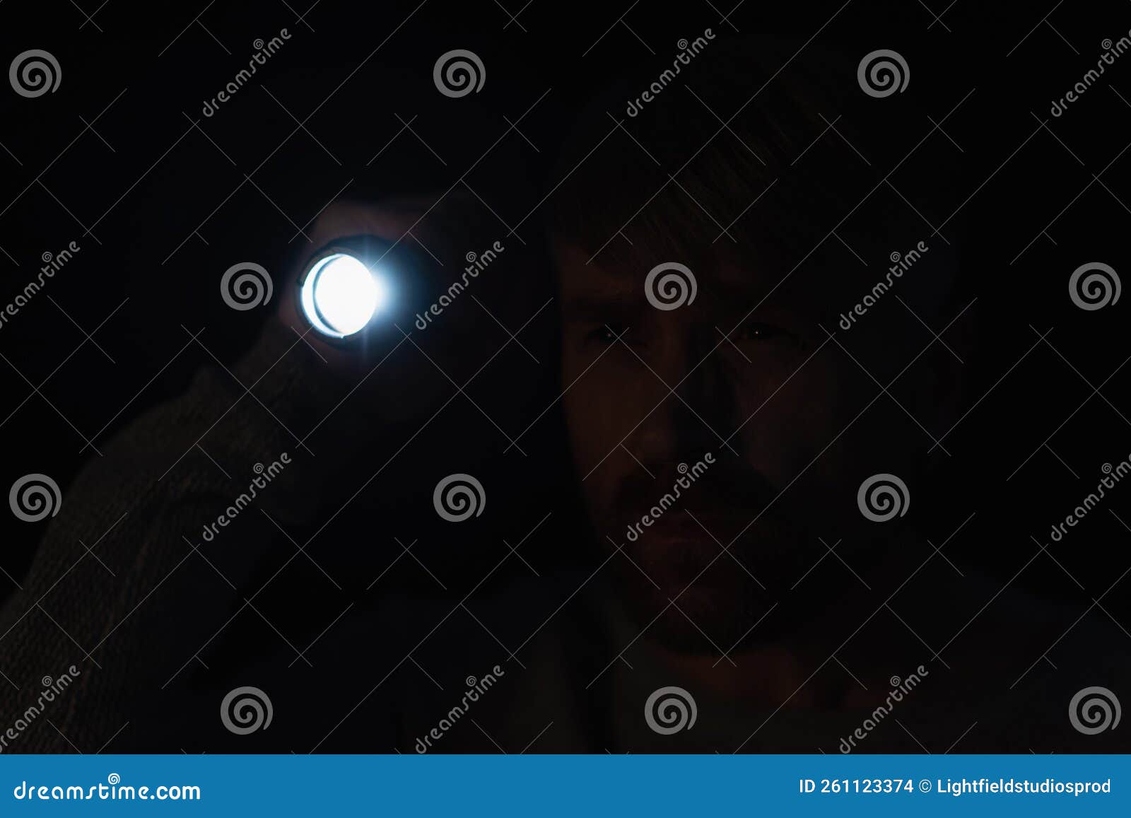 Man with Bright Flashlight Looking Away Stock Photo - Image of darkness ...