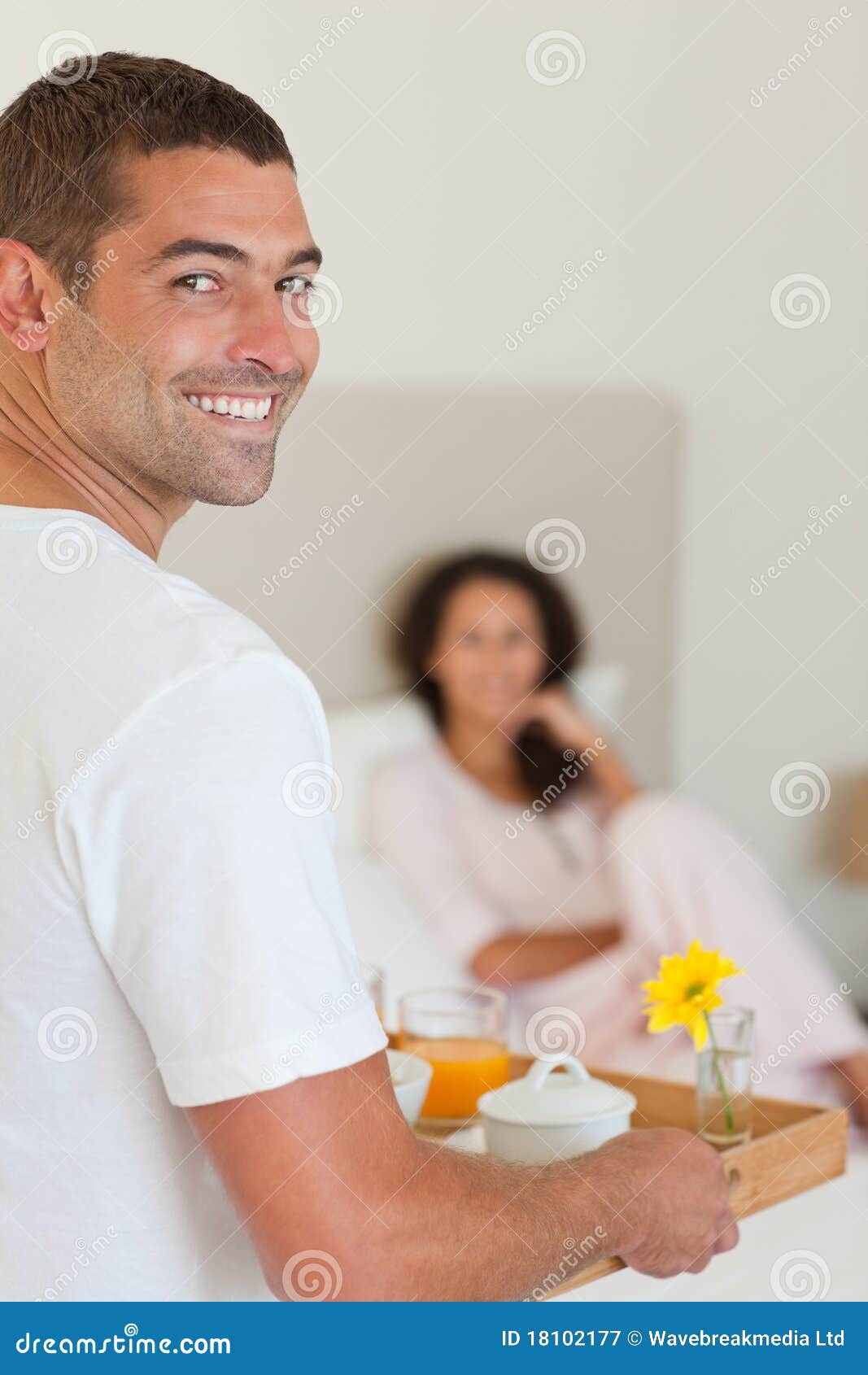 Man bringing the breakfast stock image. Image of attractive - 18102177