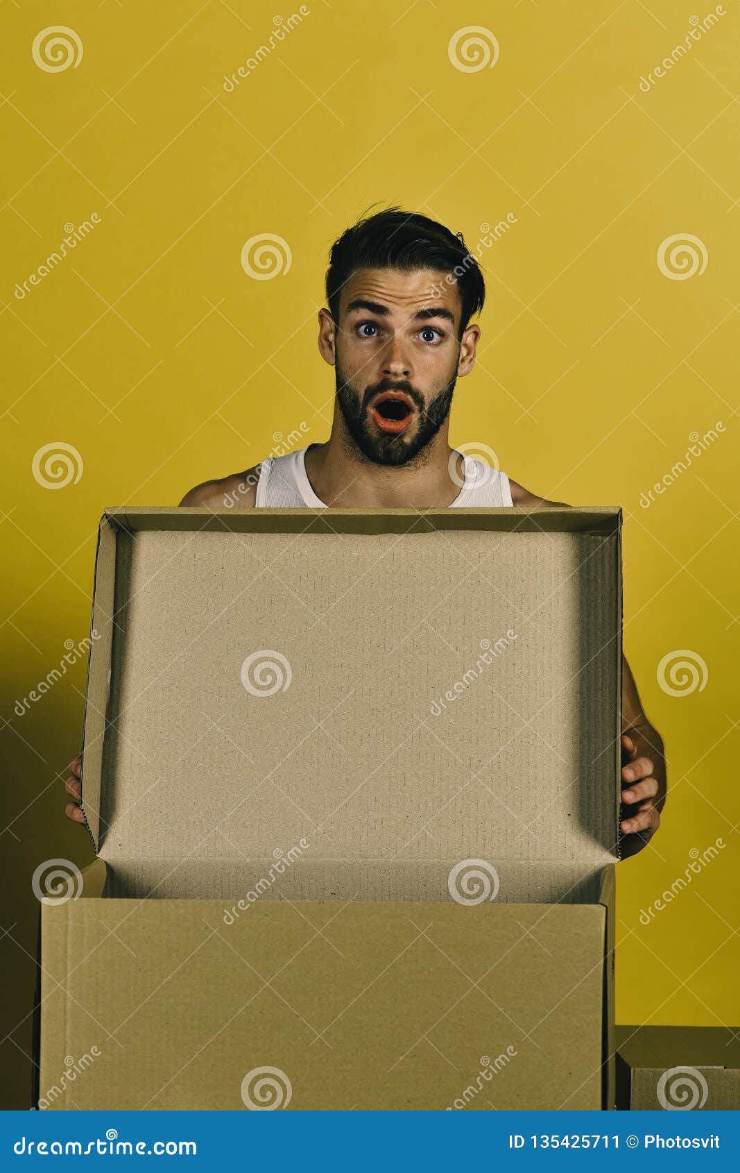Man With Bristle Holding Empty Cardboard Box Stock Image Image Of