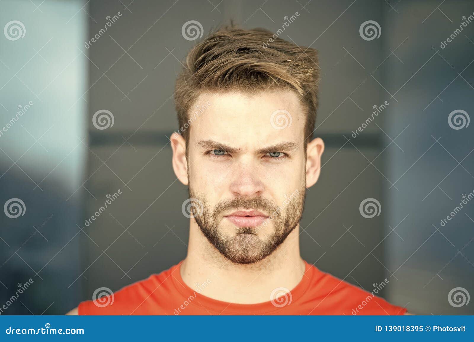 Man With Bristle On Strict Face Urban Background Man With Beard Or