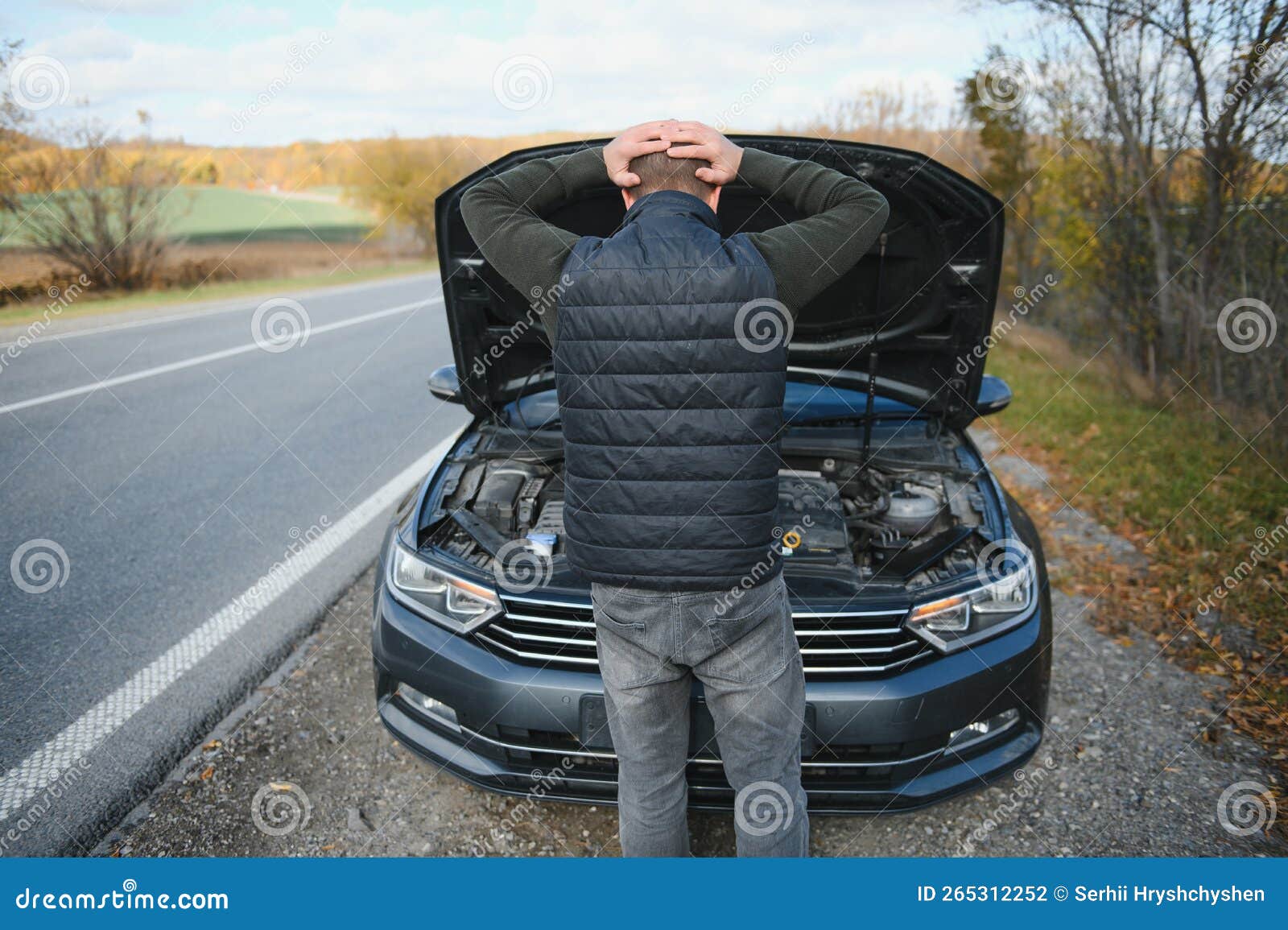 Man with Broken Car in the Middle of the Road. Stock Photo - Image of ...