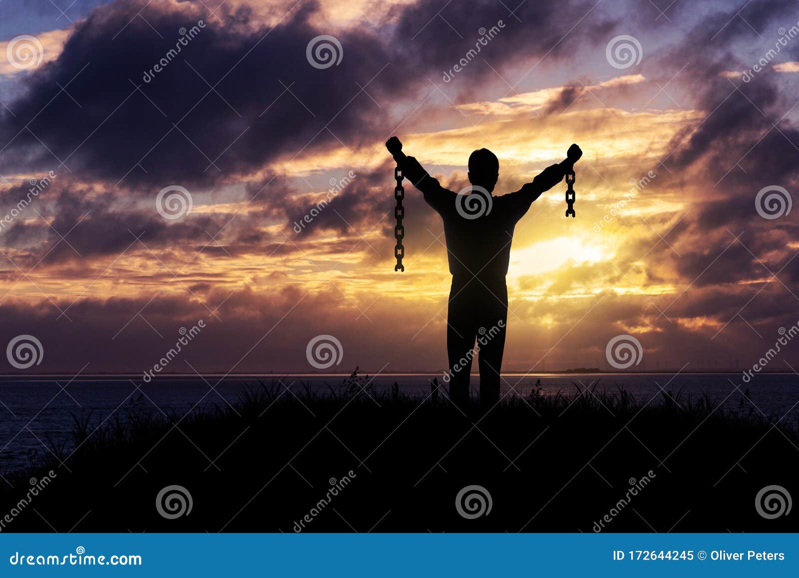 Man with broken chains stock image. Image of boken, sunrise - 172644245