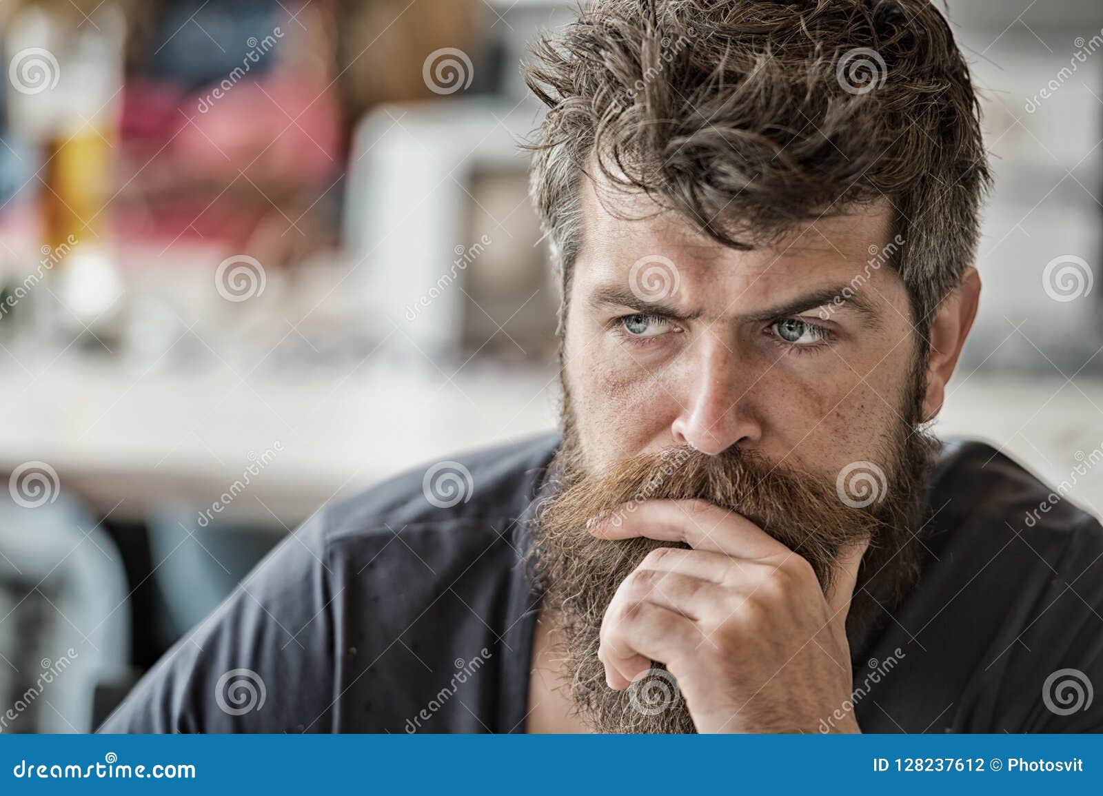 Man Brutal Bearded Hipster Thoughtful Face Defocused Background Macho