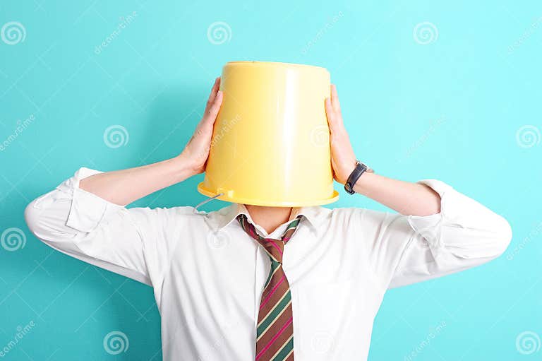Man with Bucket on His Head Stock Image - Image of hide, fear: 17590941