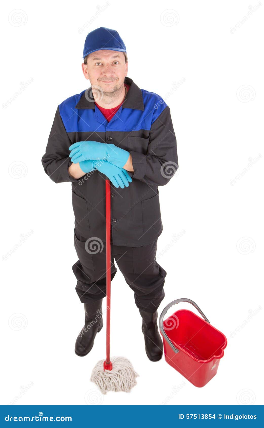 Man With Bucket And Red Mop. Stock Photo - Image: 57513854