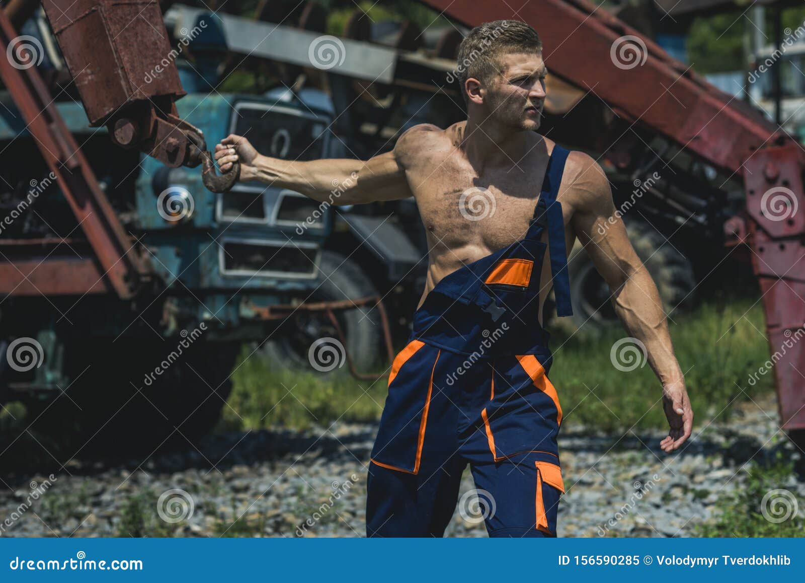 Man, Builder or Bodybuilder with Strict Face in Overalls. Stock Image ...