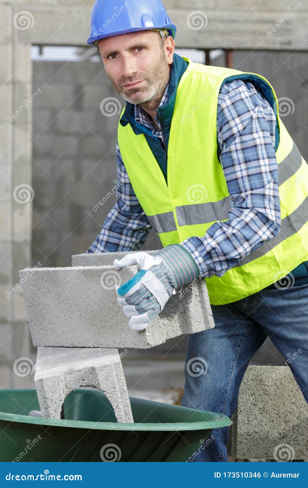 Man Builder Carrying Block Cement Stock Photo - Image of layer, blue ...